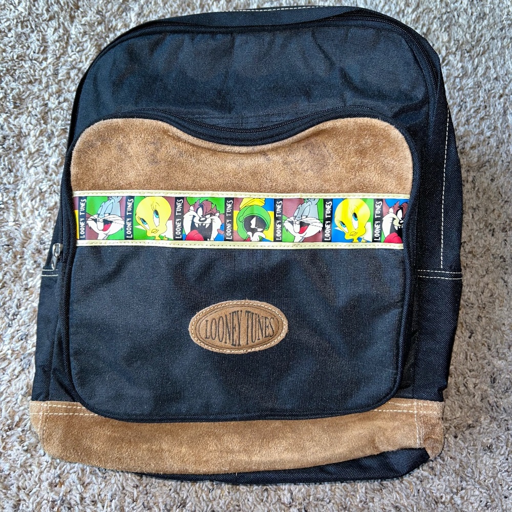 Vintage 1998 Looney Tunes Backpack Black Genuine Leat… - Gem